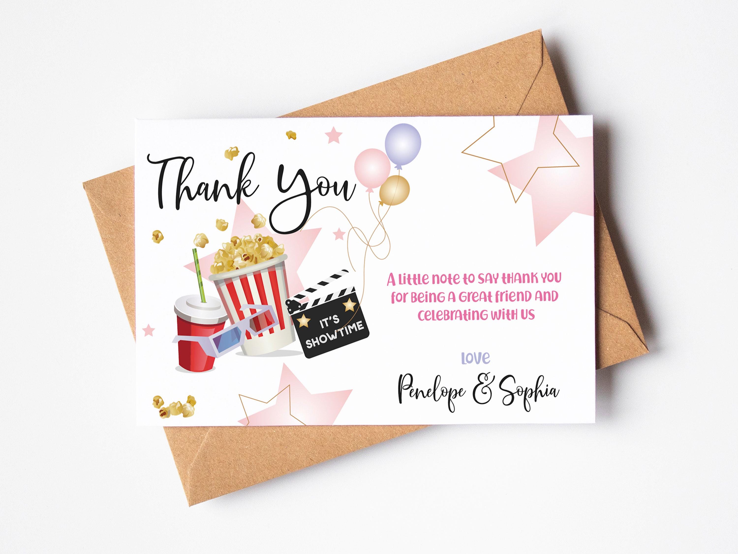 Editable Movie Night Birthday Party Thank You Card Girl Cinema Thank ...