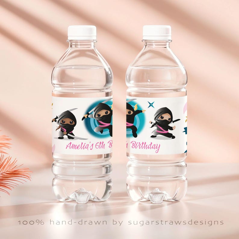 Editable Ninja Water Bottle Label Girl Birthday Party Drink Label Ninja ...