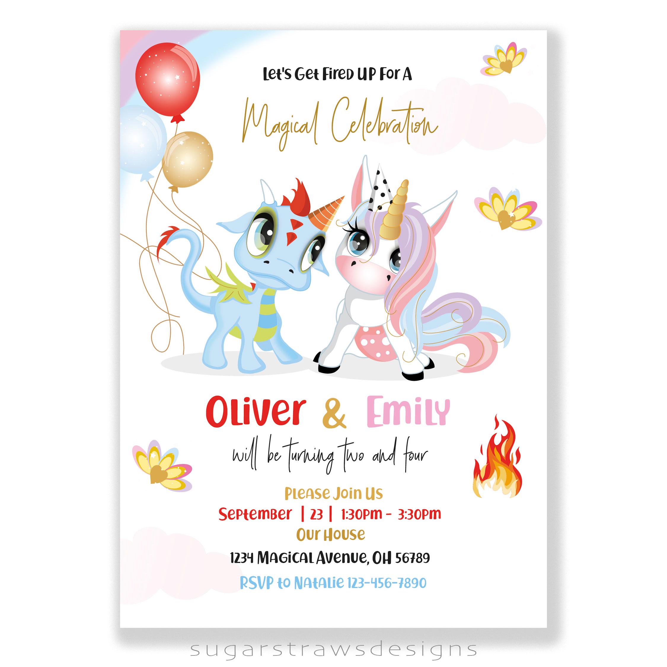 Editable Unicorn and Dragon Birthday Invitation Sibling Invite Twin ...