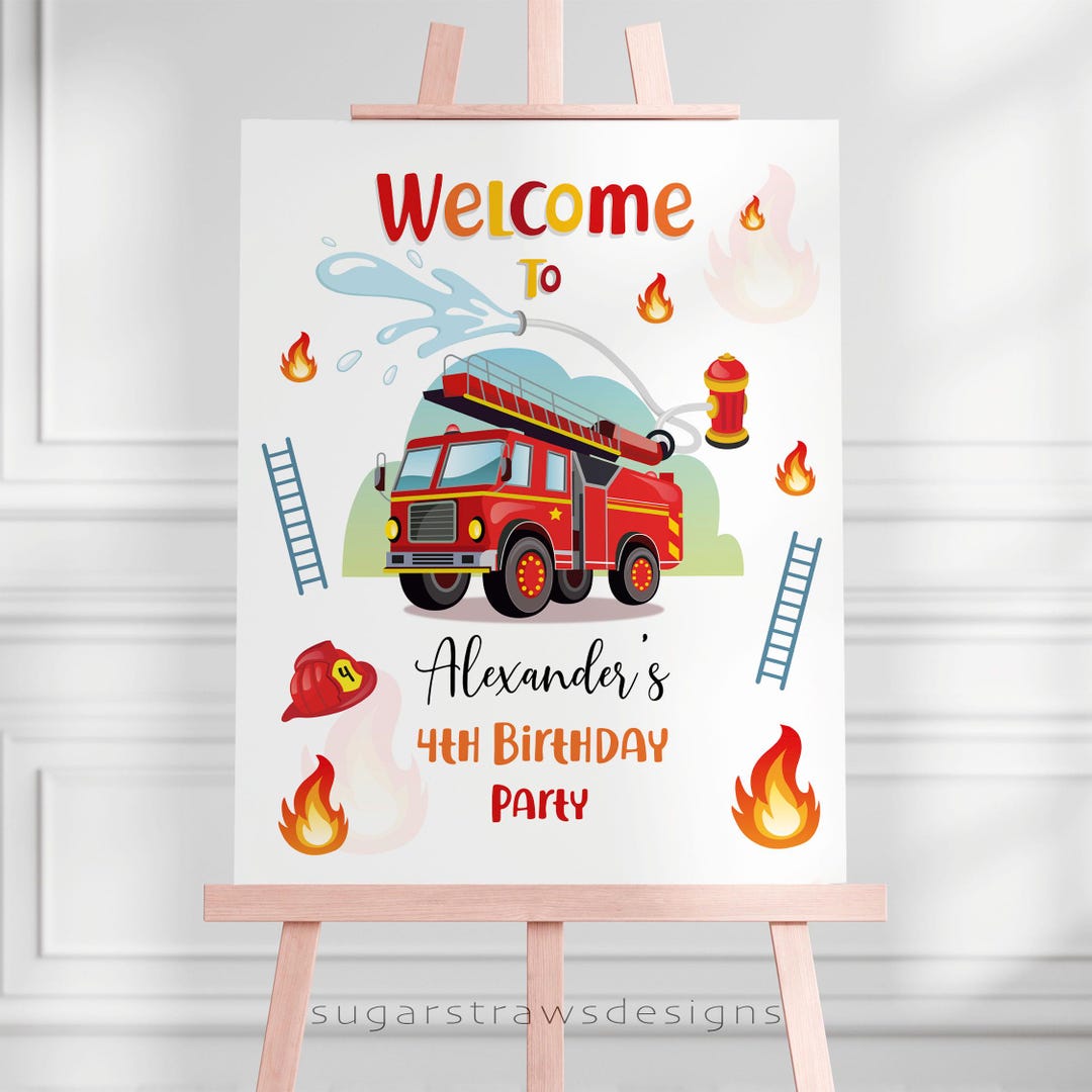 Editable Fire Truck Welcome Sign Boy Birthday Fire Engine Welcome Board ...