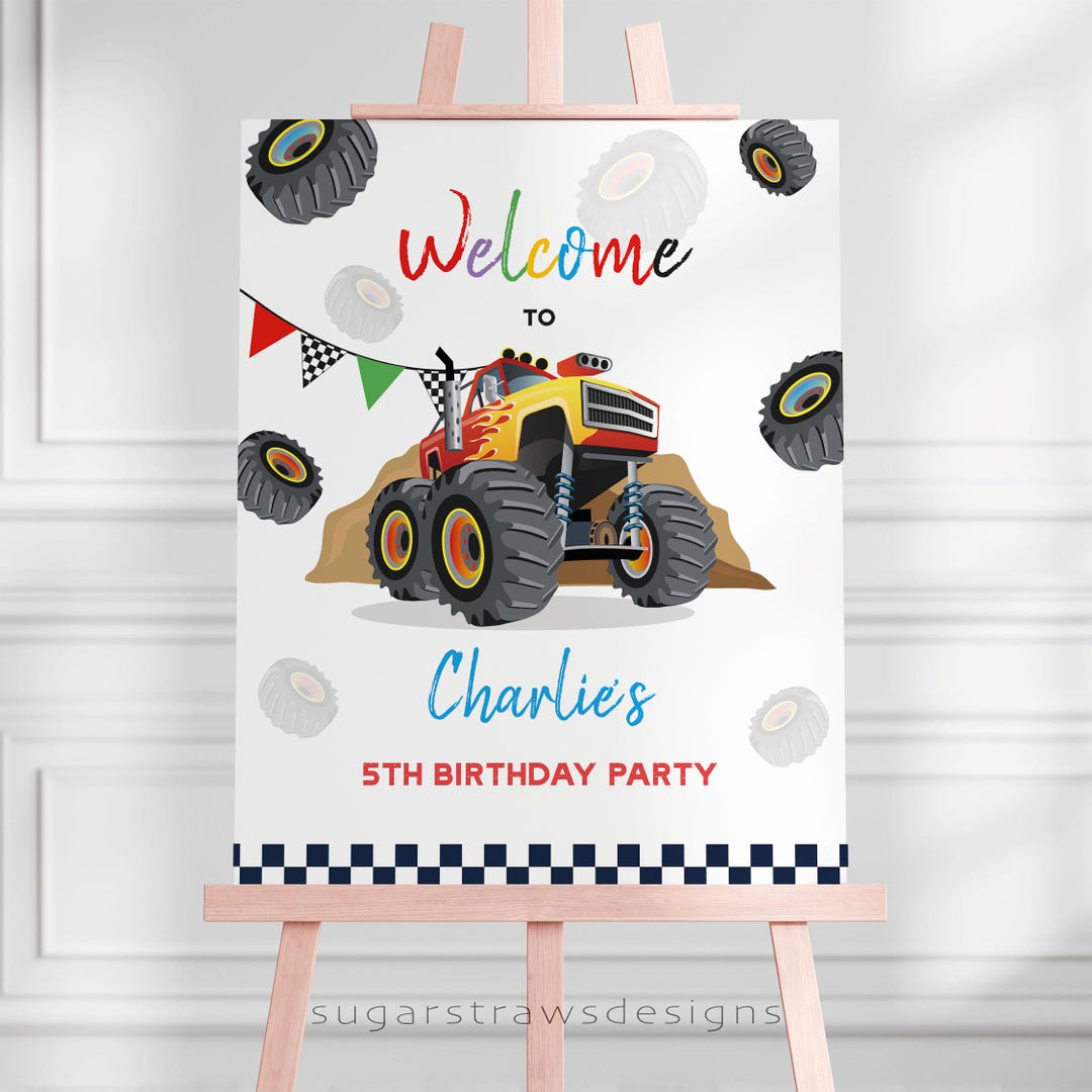 Editable Monster Truck Welcome Sign Boy Birthday Monster Bash Custom ...