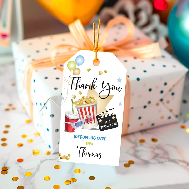 Editable Movie Night Party Thank You Tag Favor Tag Gift Tag Boy Blue ...
