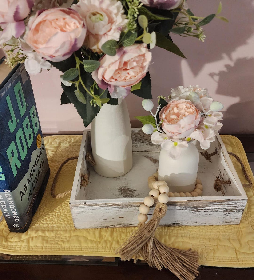 Wooden Boho Tray With 2 Ceramic Vases Filled With Silk Peonies and a ...