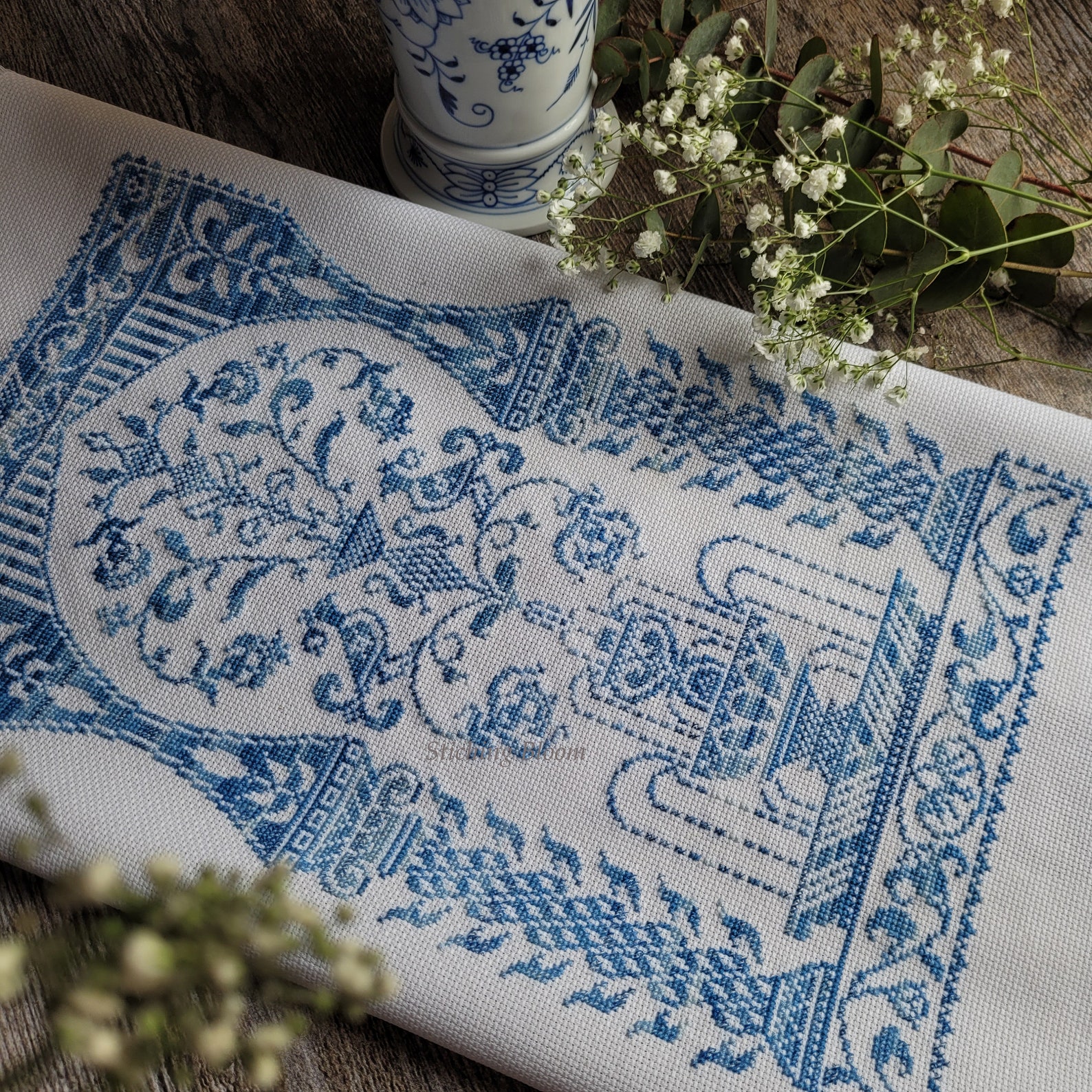 Cross Stitch Pattern, Sampler, Single Color, Monochromatic, Fountain ...