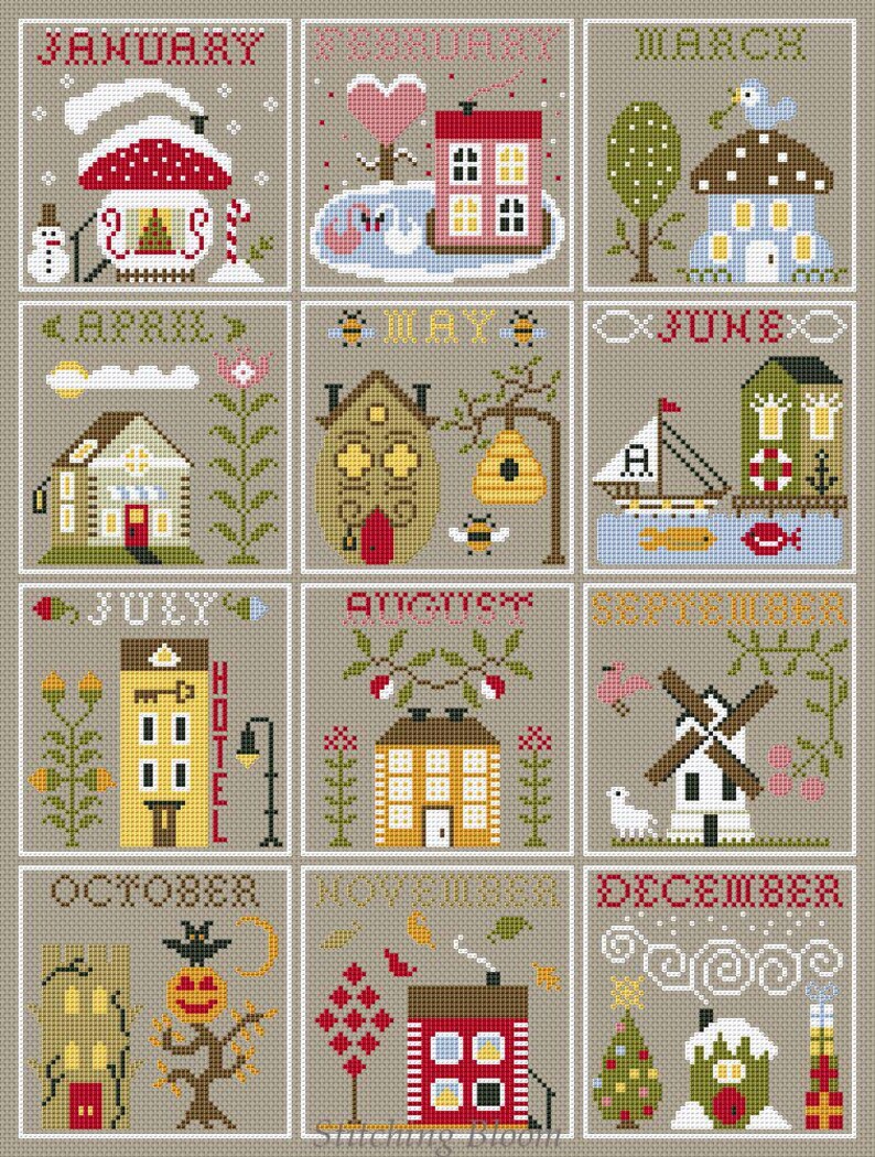 Cross-stitch calendar, house calendar, Seasons calendar, Primitive ...