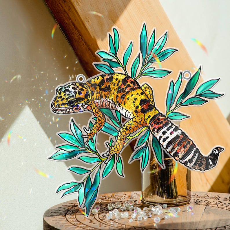 Leopard Gecko Glass Hologram Acrylic Window Hanging, Reptile Lover Gift ...