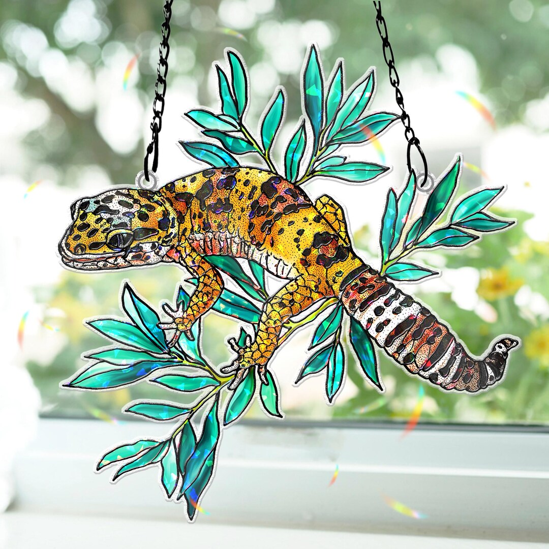 Leopard Gecko Glass Hologram Acrylic Window Hanging, Reptile Lover Gift ...