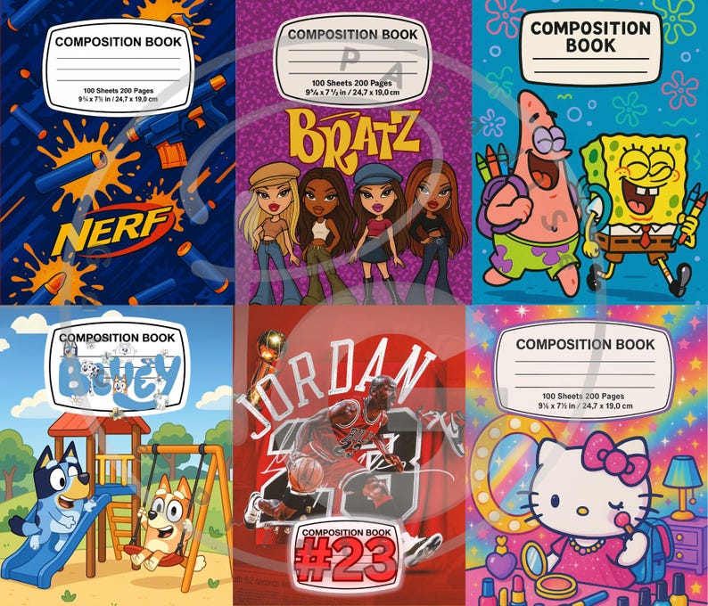 50 CARTOON Themed Composition Notebook Covers PNG Digital Download for ...