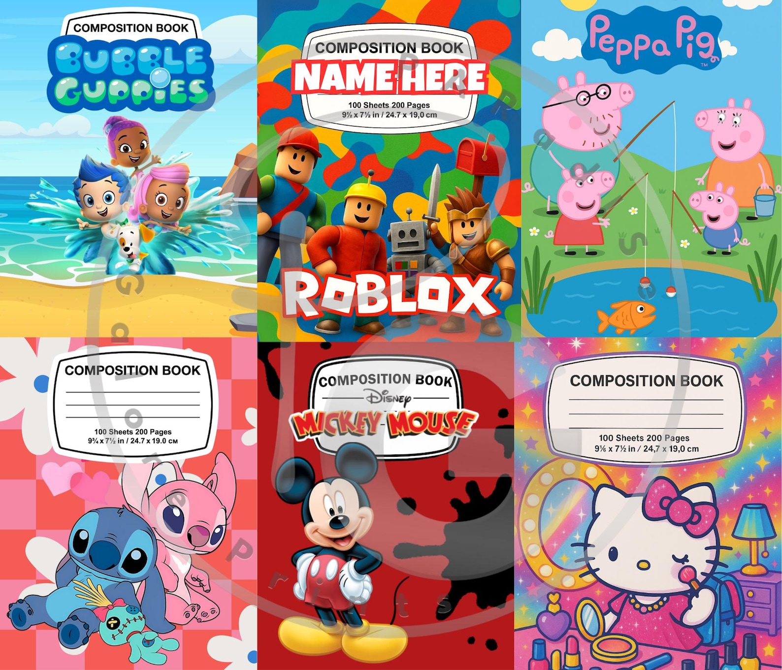 50 CARTOON Themed Composition Notebook Covers PNG Digital Download for ...