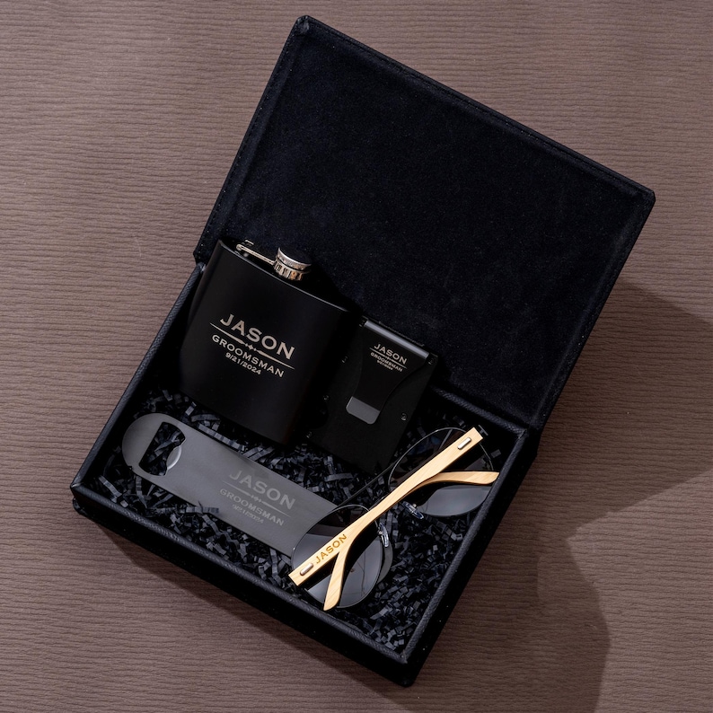 Personalized Leather Box Gift Set, Flask, Bottle Opener, Sunglasses ...