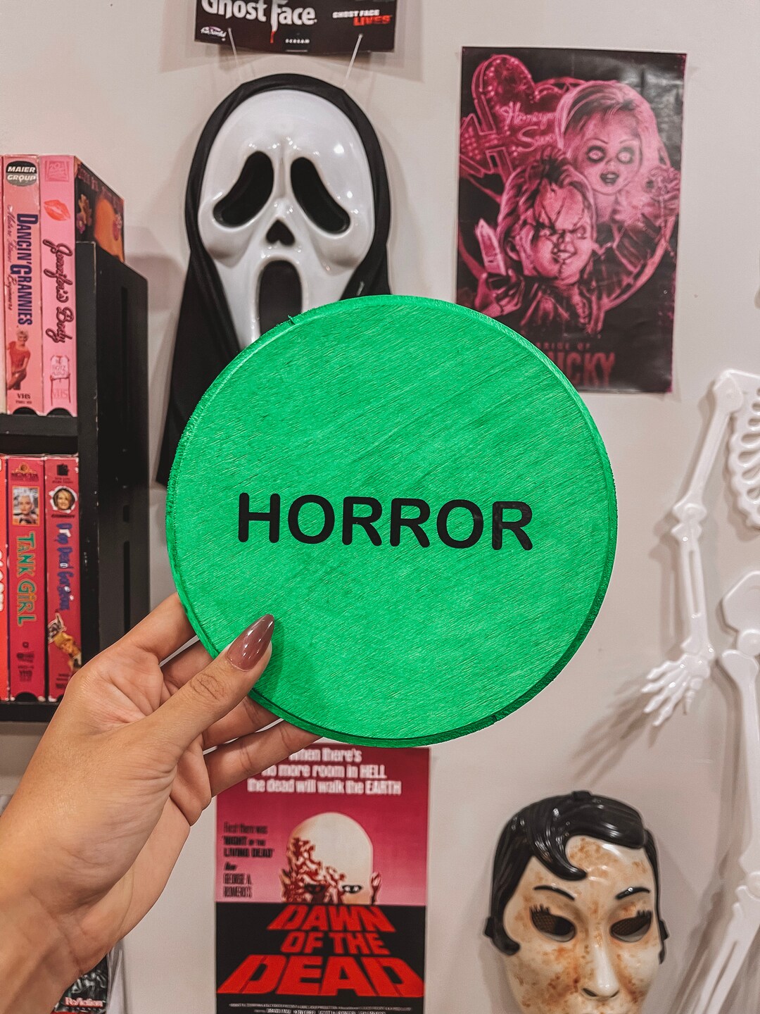 Hand Painted Wooden Circle Wall Decor Sign Neon Green VHS Rental ...