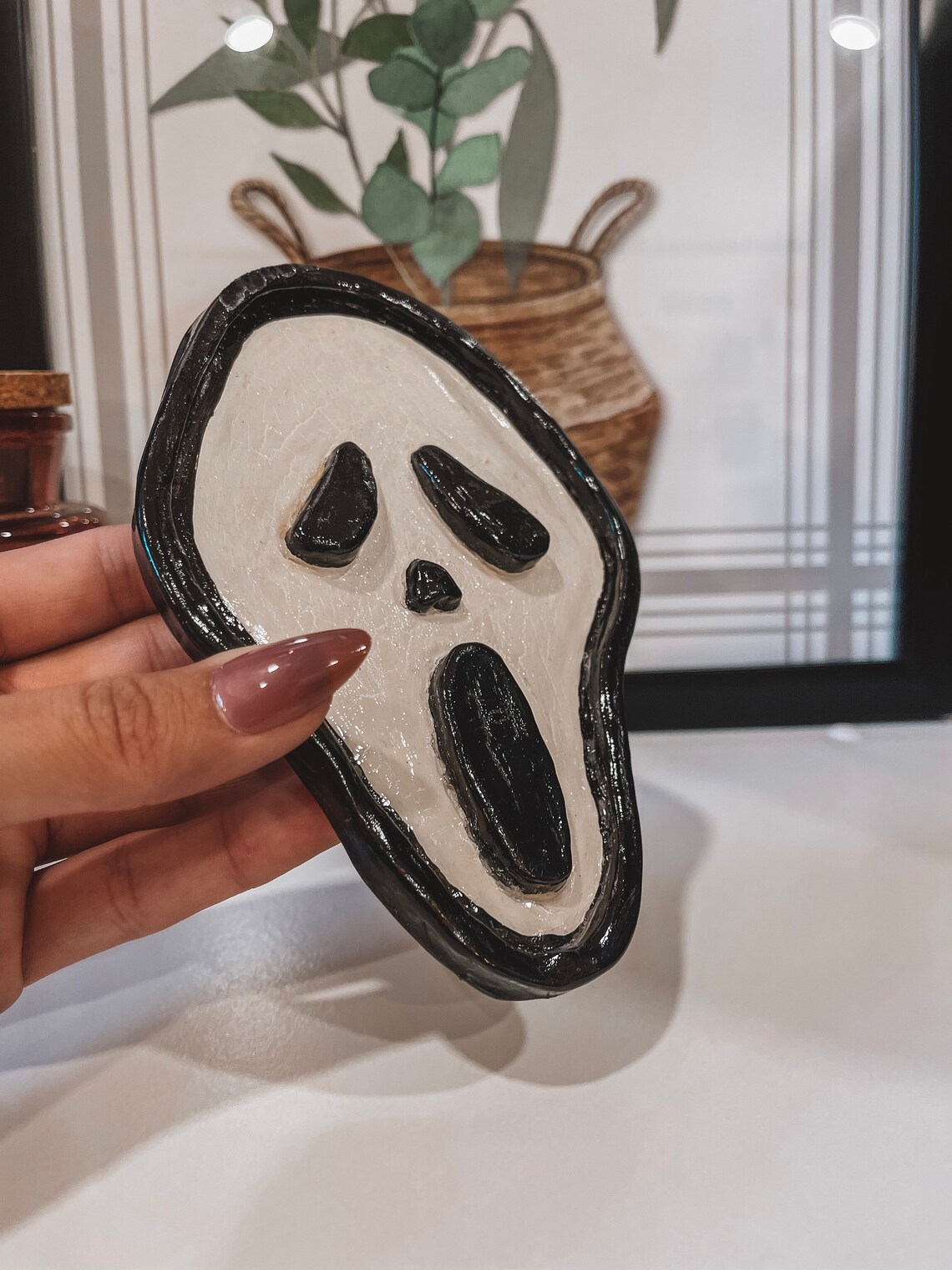 Hand Sculpted Polymer Clay Ghost Face Ring Dish Spooky Trinket Tray ...