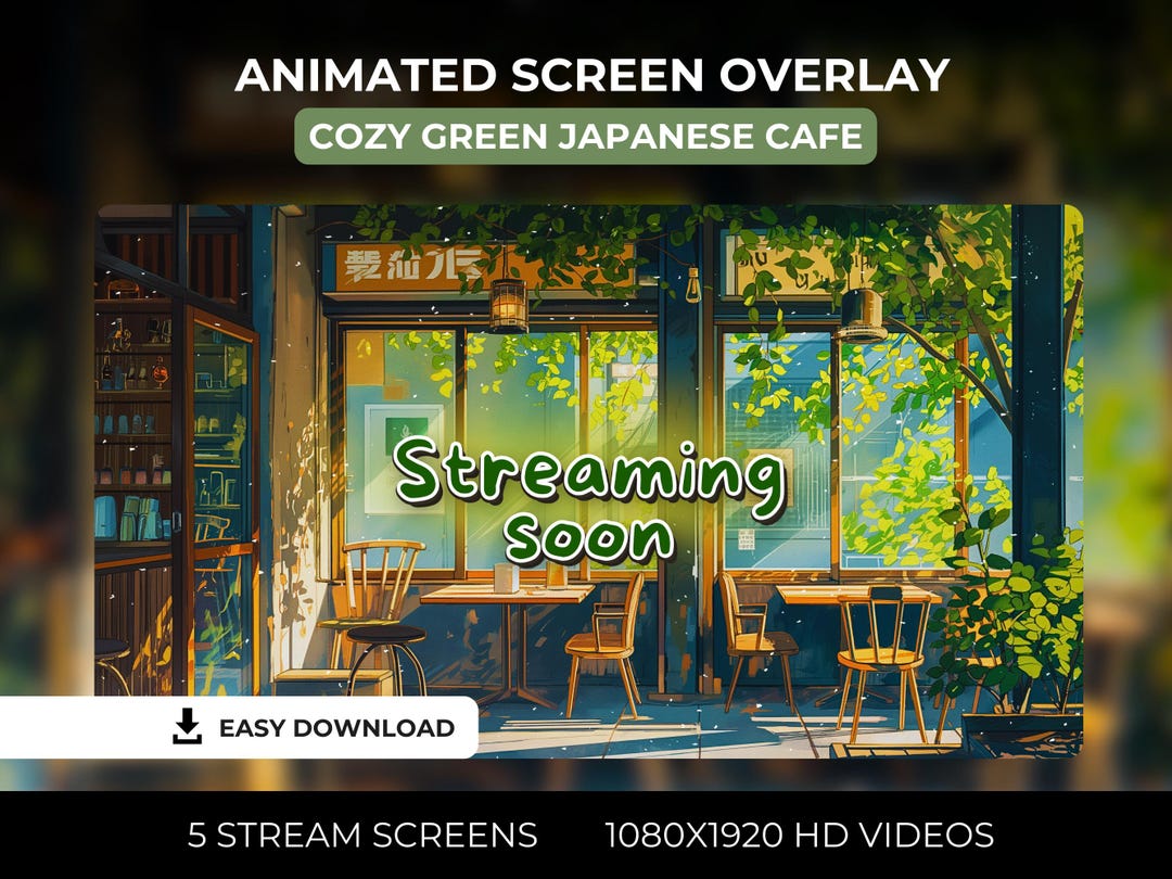 Cozy Green Japanese Cafe Stream Screen Twitch Overlay, Cozy Coffee Shop ...