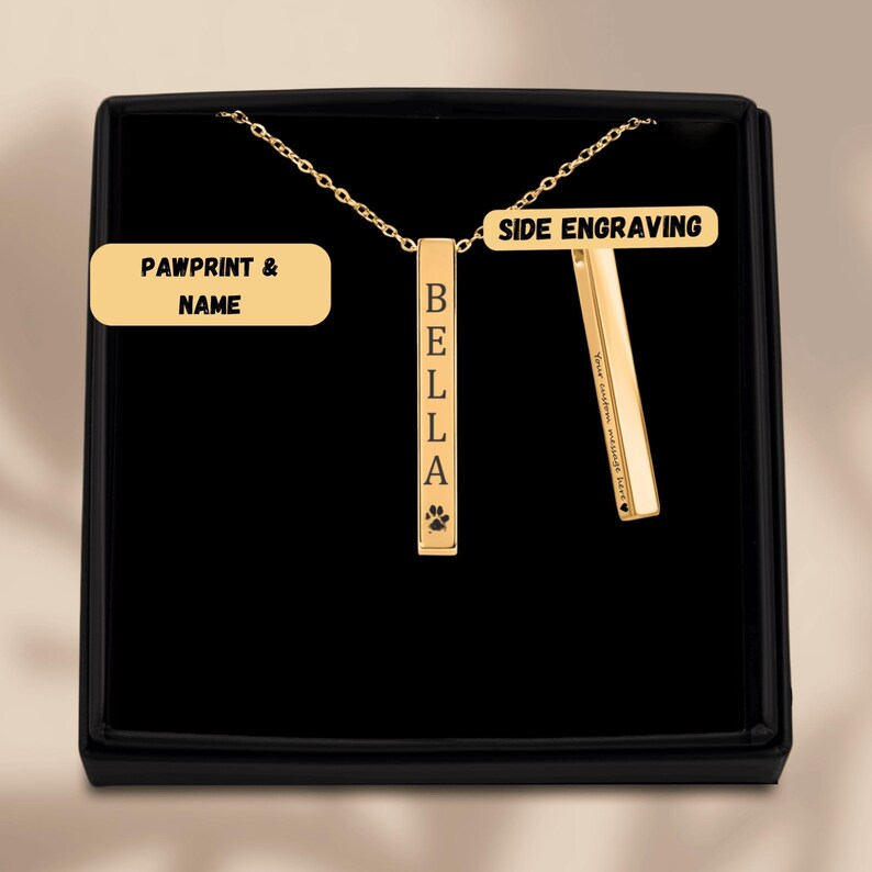 Personalized Paw Print Vertical Bar Necklace, 18K Gold Plated Pet ...