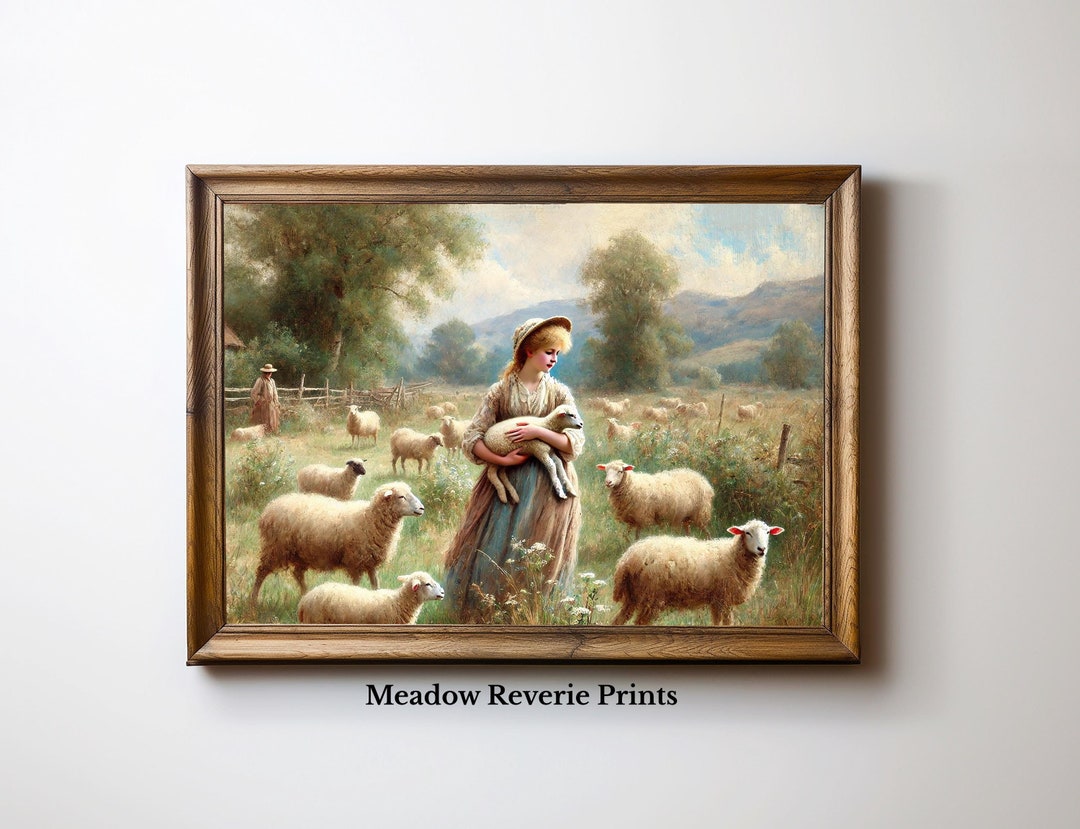 Lamb and Shepherdess Pastoral Art Print, Rural Countryside Decor ...