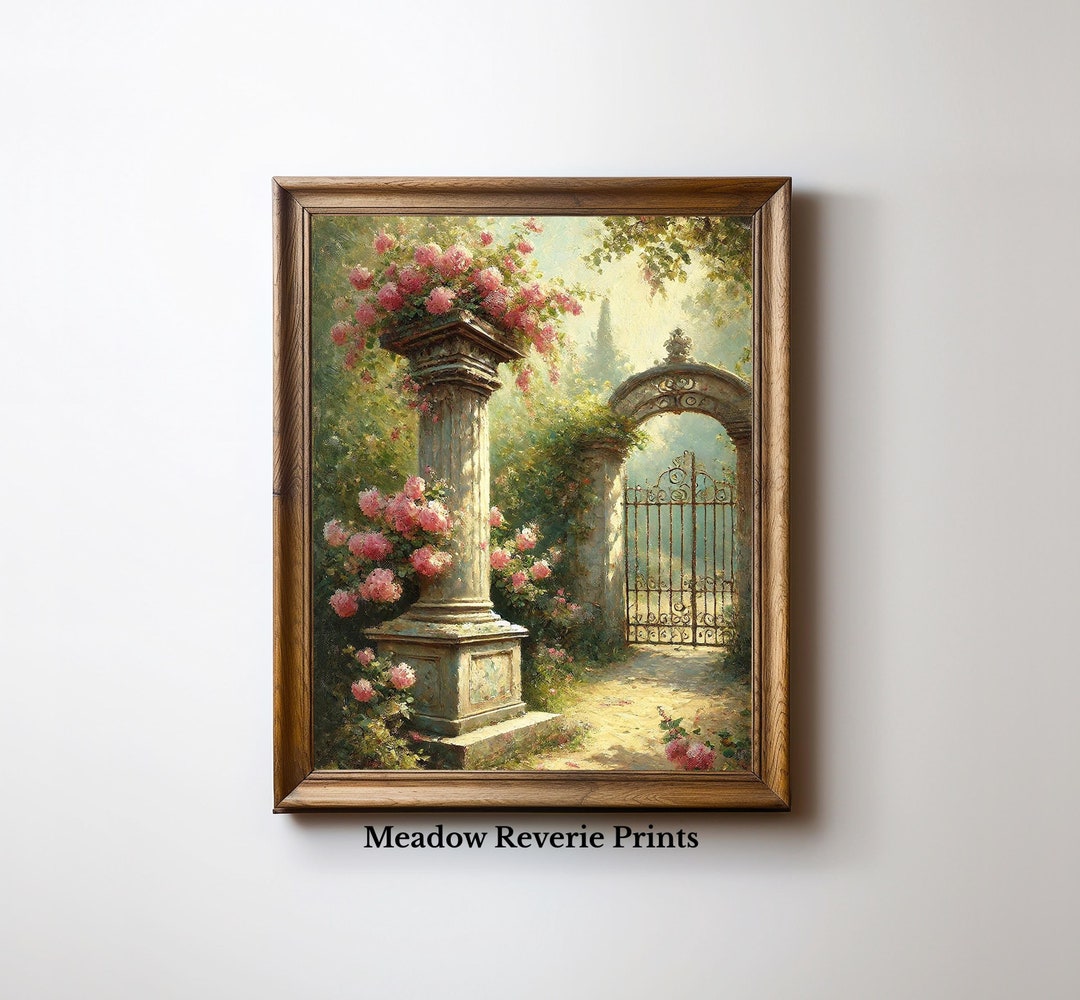 Romantic Garden Painting Floral Wall Art, Vintage Pink Roses Art ...