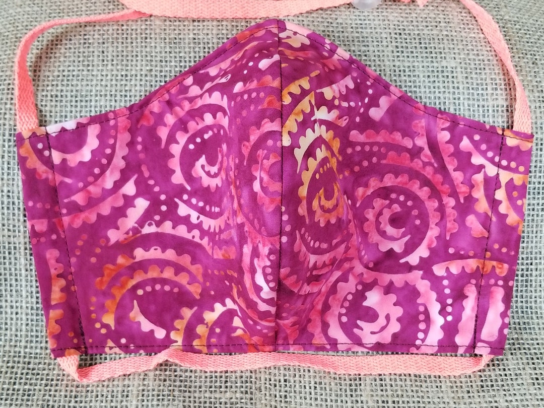 Pale Burgundy and Orange Scroll Batik - Washable Reusable Face Mask W ...