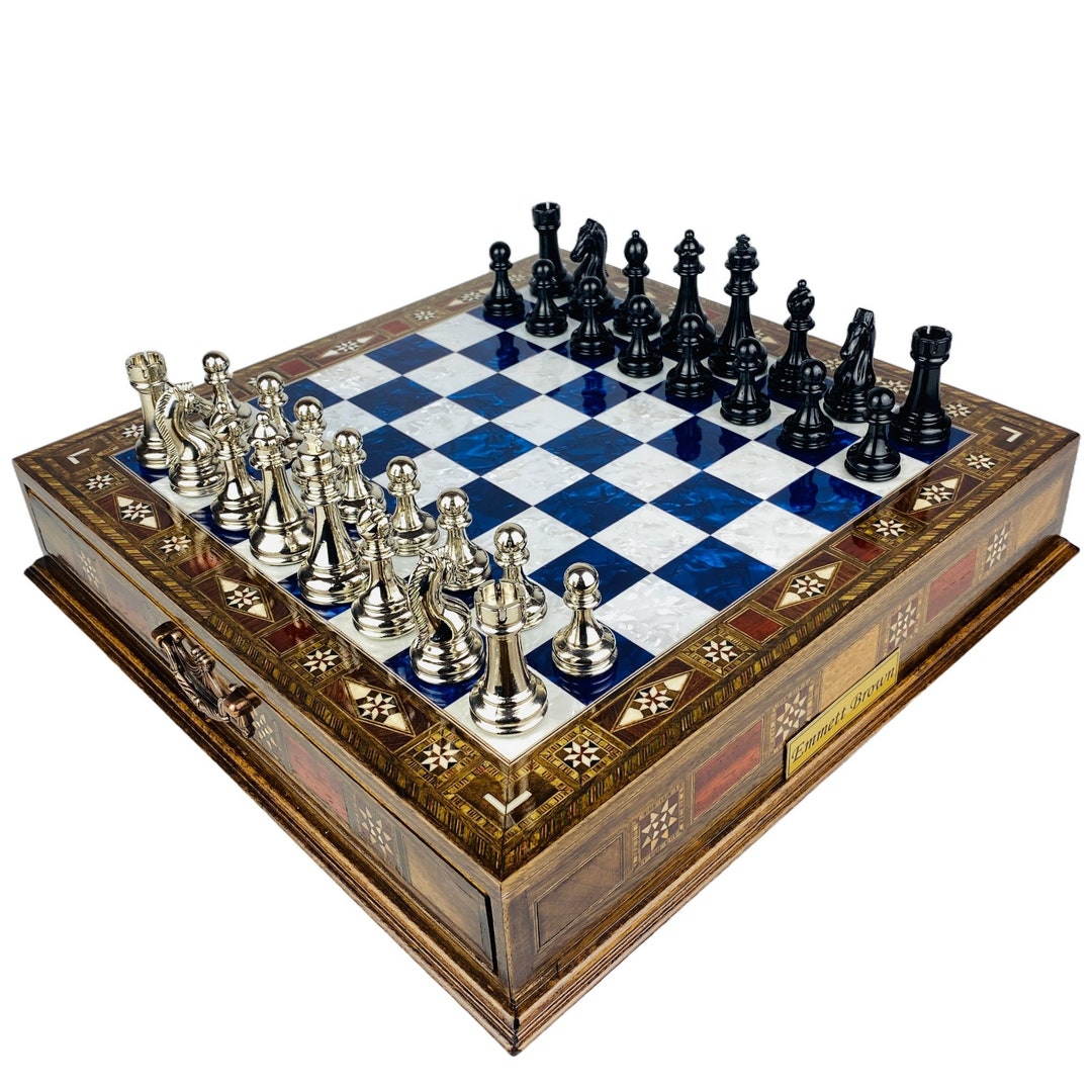 Personalized Chess Set With Classic Metal Chess Pieces- 15 Inch Wooden ...