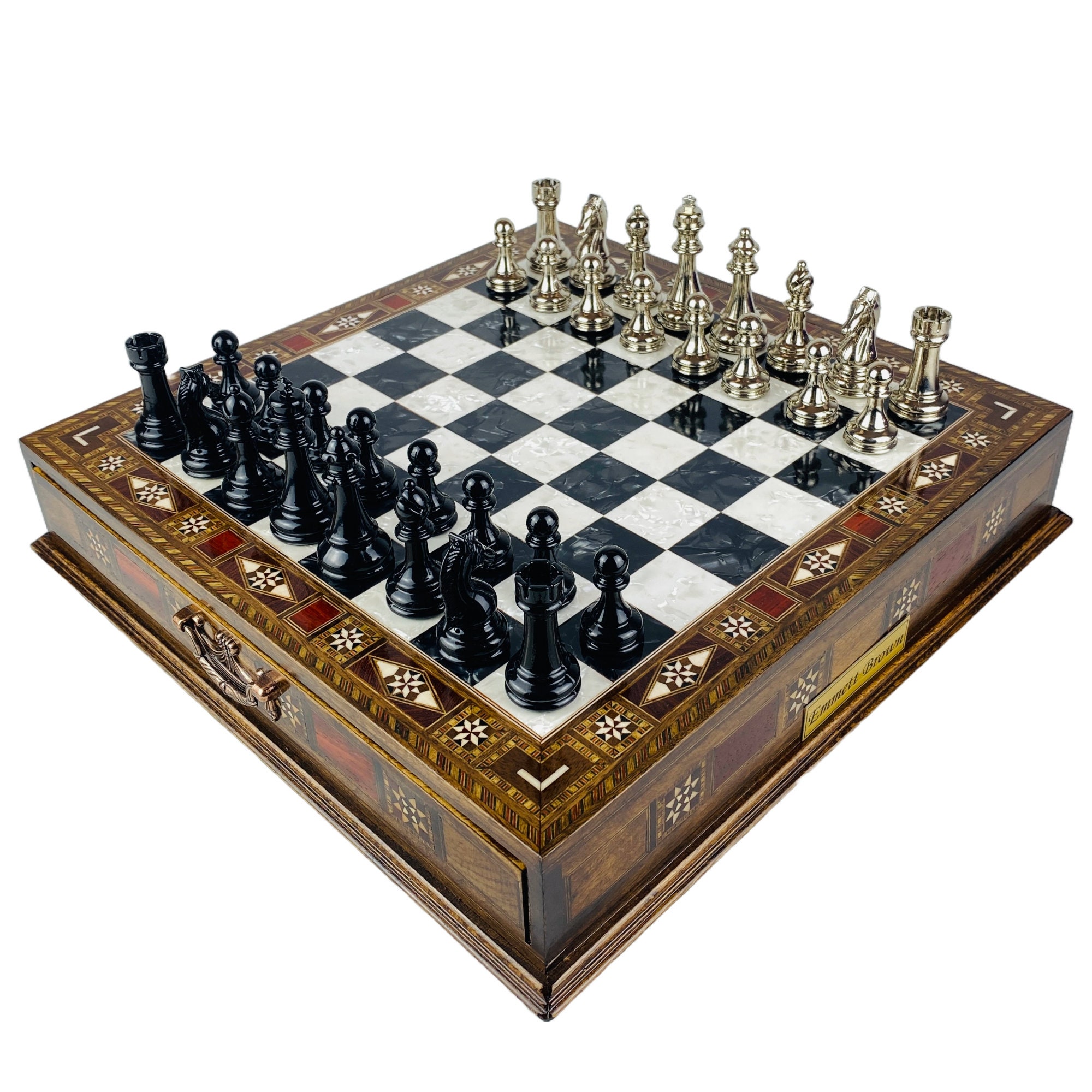 Personalized Chess Set With Classic Metal Chess Pieces- 15 Inch Wooden ...