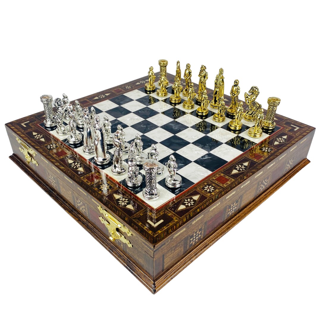 Luxury Medieval British Empire Chess Set- Handmade Chess Board With Storage- Gold Silver Metal ...