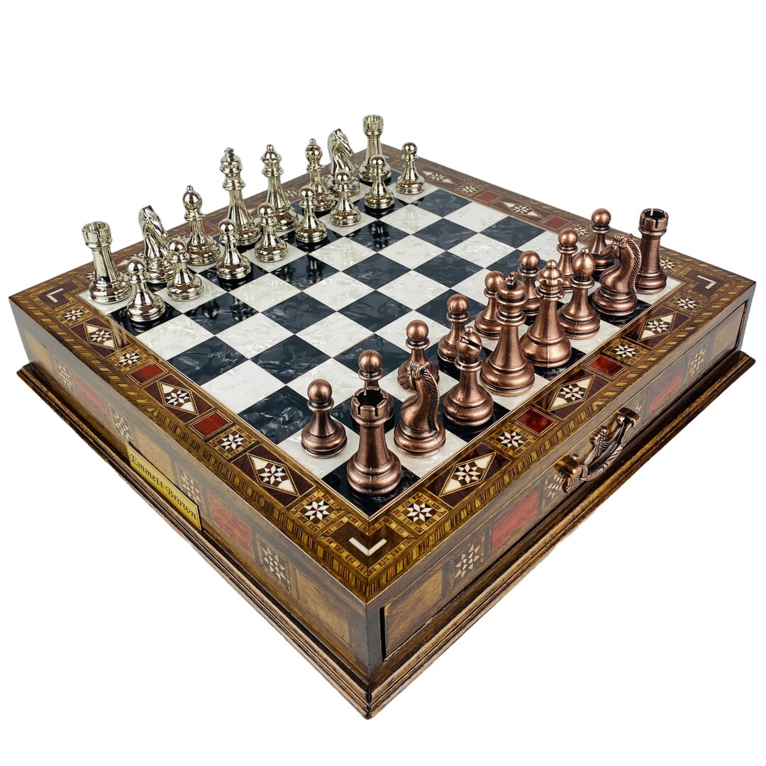 Personalized Chess Set With Classic Metal Chess Pieces- 15 Inch Wooden ...