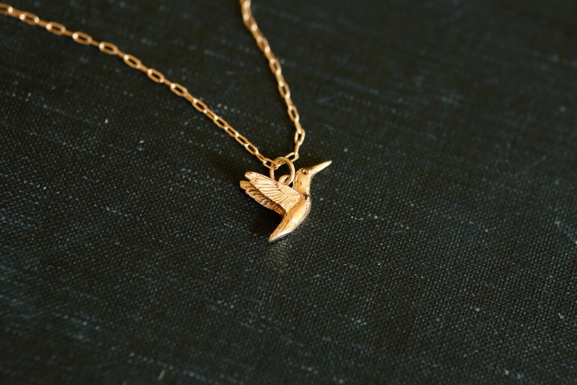 Gold Hummingbird Necklace - Bronze Bird Pendant, 14k Gold Filled Chain ...