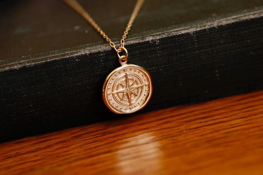 Compass Medallion Necklace. Gold Coin Necklace. Bronze and 14K Gold ...