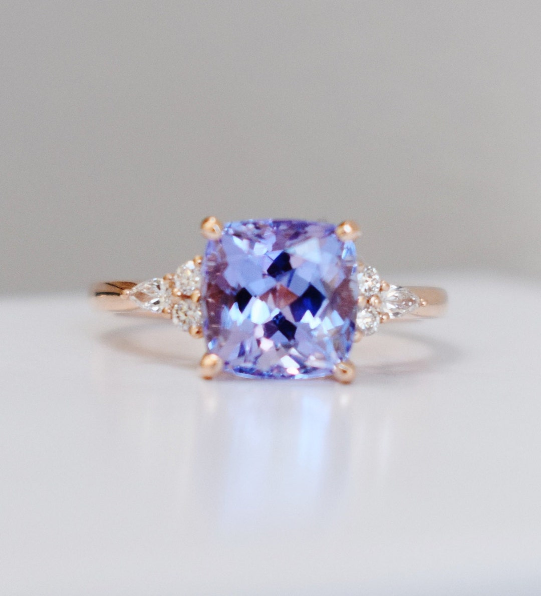 Square Cushion Tanzanite Ring. Engagement Ring and Bridal Set. Lavender ...