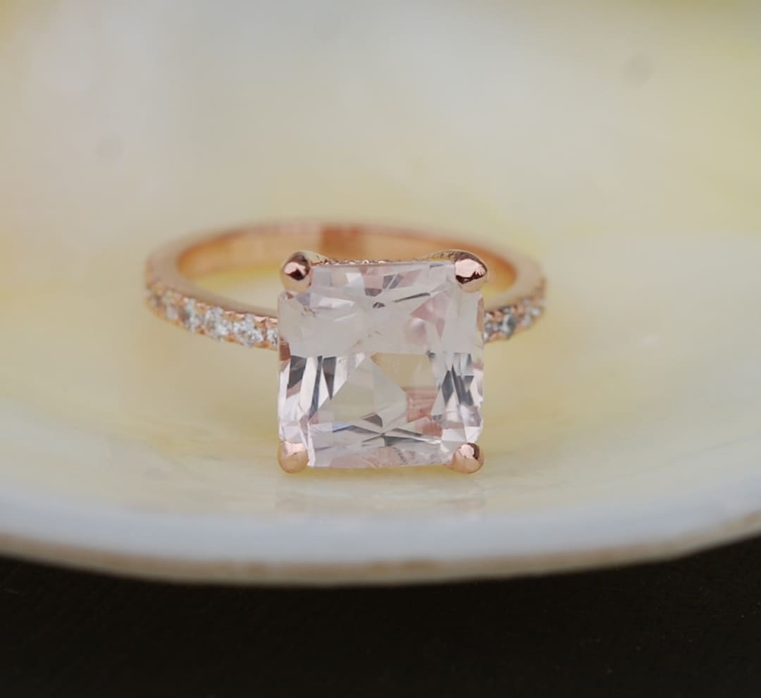 Radiant Cut Peach Sapphire Engagement Ring: 14k Rose Gold Diamond Band ...