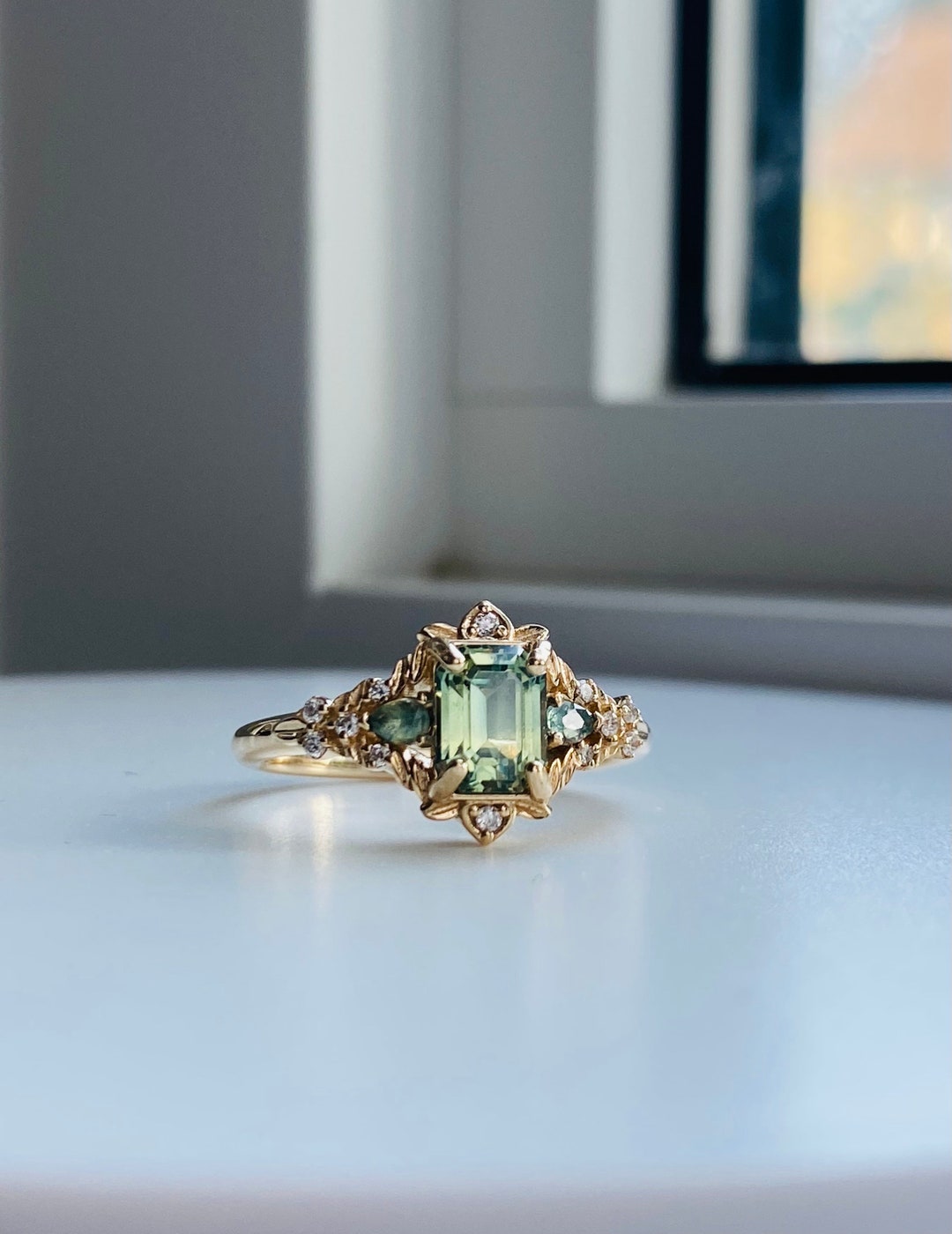 Arwen Light Green Sapphire Engagement Ring: Emerald Cut 14k Yellow Gold ...