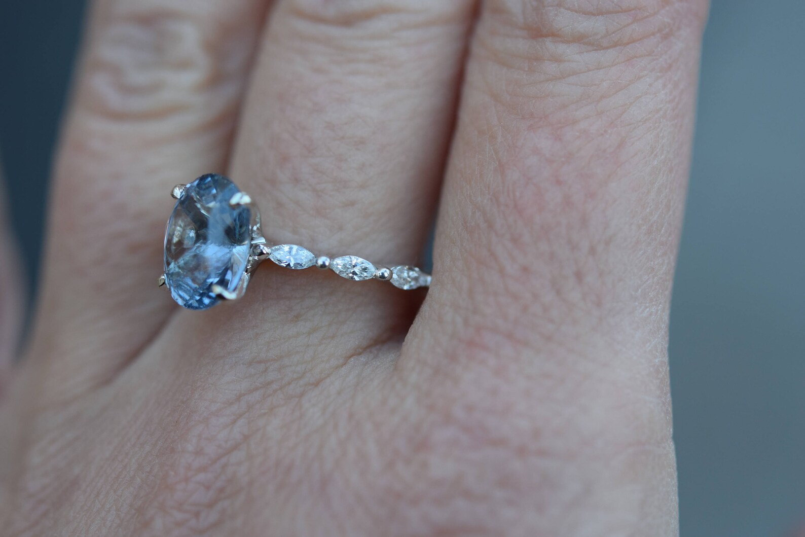 Oval Blue-grey Sapphire and Diamond White Gold Engagement Ring - Etsy