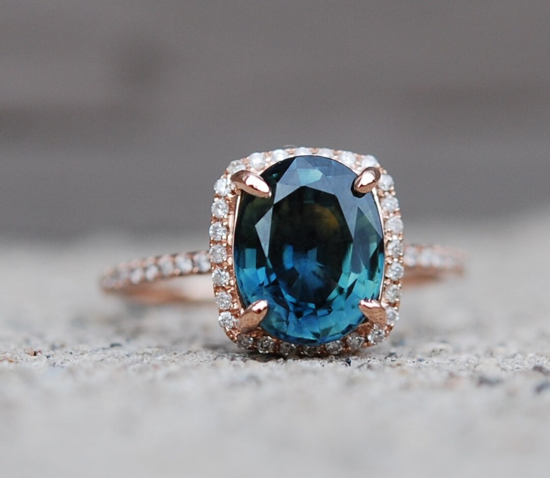 Blue Green Sapphire Engagement Ring. Peacock Sapphire 2.82ct Cushion ...