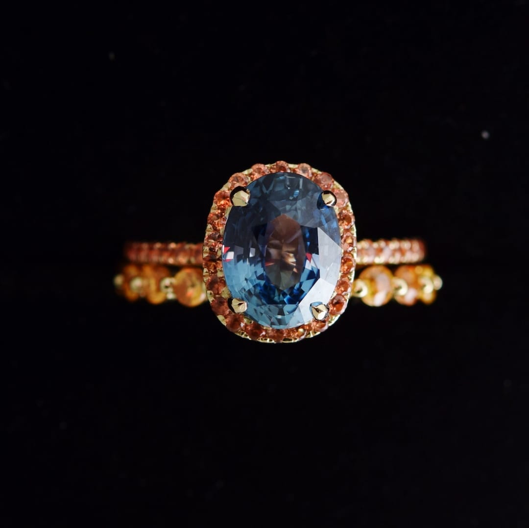 Indigo and Honeycomb Engagement Ring Set. Sapphire Ring Set. Orange and ...