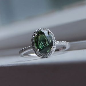 Forest Green Sapphire Engagement Ring. Diamond Ring 14k White Gold Ring ...