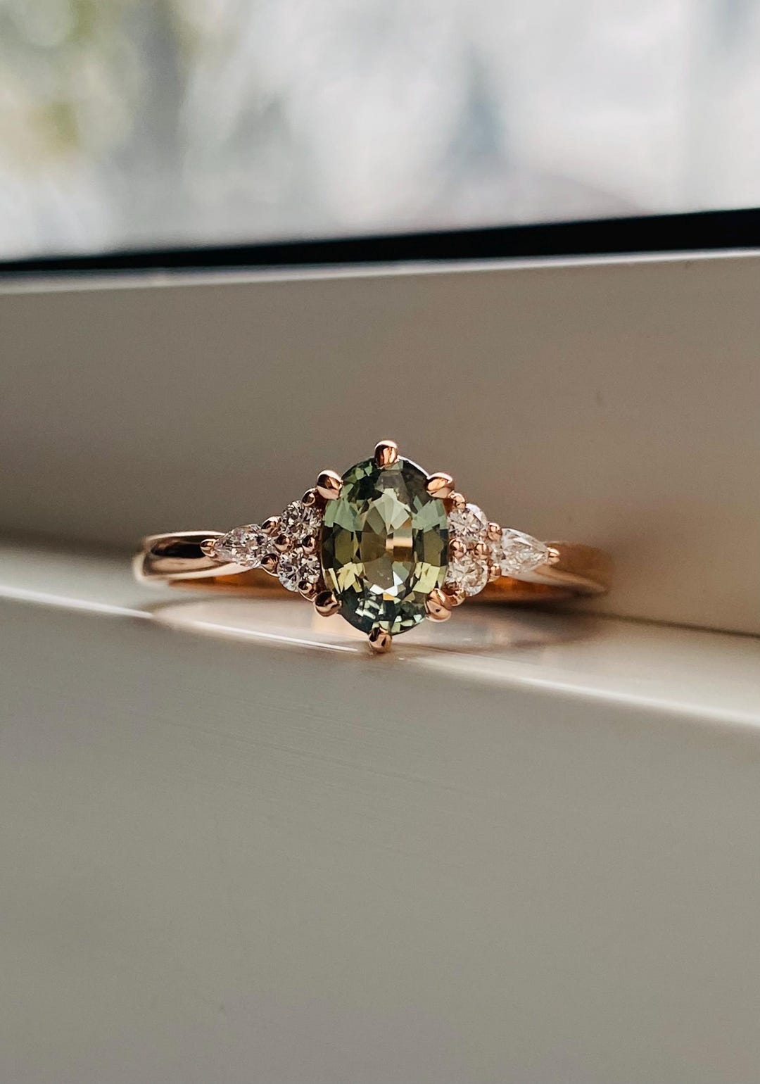Sage Green Sapphire Engagement Ring. Rose Gold Engagement Ring. Olive ...