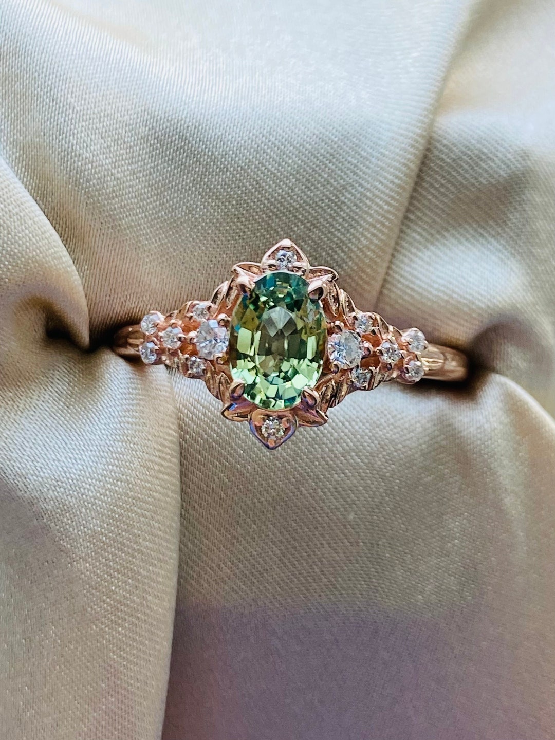 Arwen Spring Green Sapphire Diamond Ring: 14k Gold Fantasy Engagement ...
