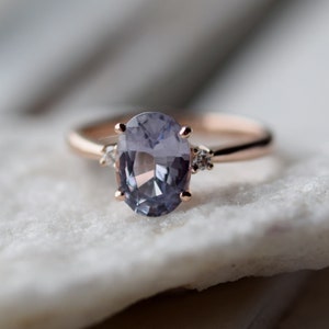 Blue Grey Sapphire Engagement Ring: Rose Gold 3-stone Diamond Ring - Etsy