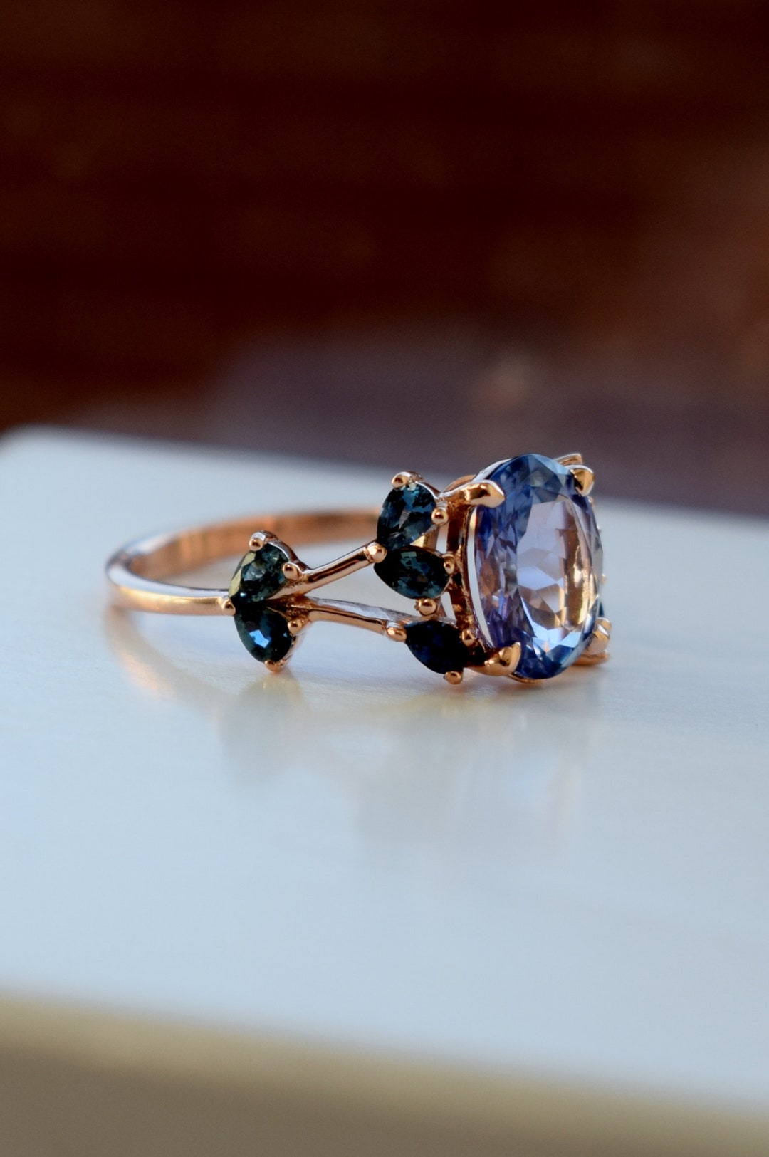 Dragonfly Tanzanite Engagement Ring: 14k Rose Gold, Teal Sapphires - Etsy