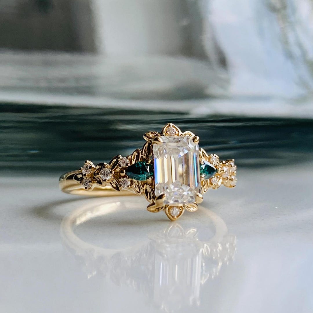 Arwen Emerald Cut Lab Diamond Engagement Ring: 14k Yellow Gold Fantasy ...