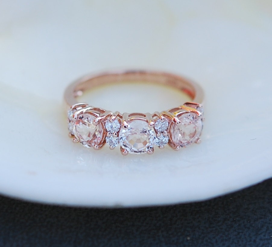 Peach sapphire anniversary ring 3 stone ring 14k rose gold diamond ring ...