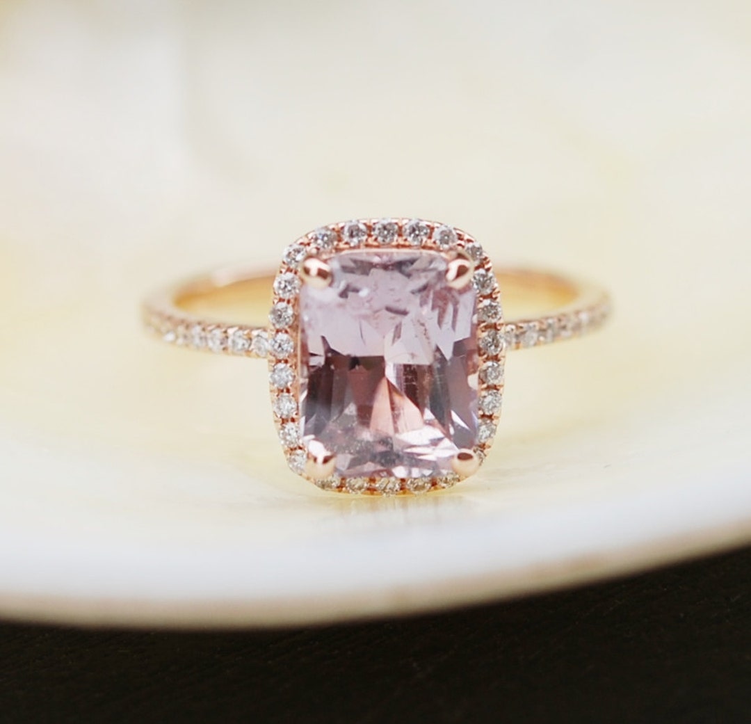 Smokey Peach Sapphire Ring, Rose Gold Diamond Engagement Ring, Cushion ...