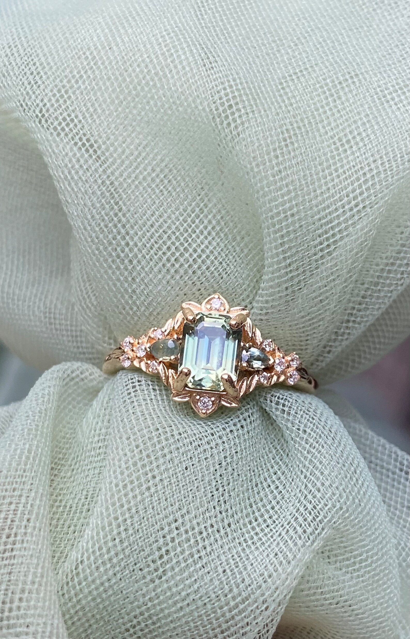 Arwen Light Green Sapphire Engagement Ring: Emerald Cut 14k Yellow Gold ...