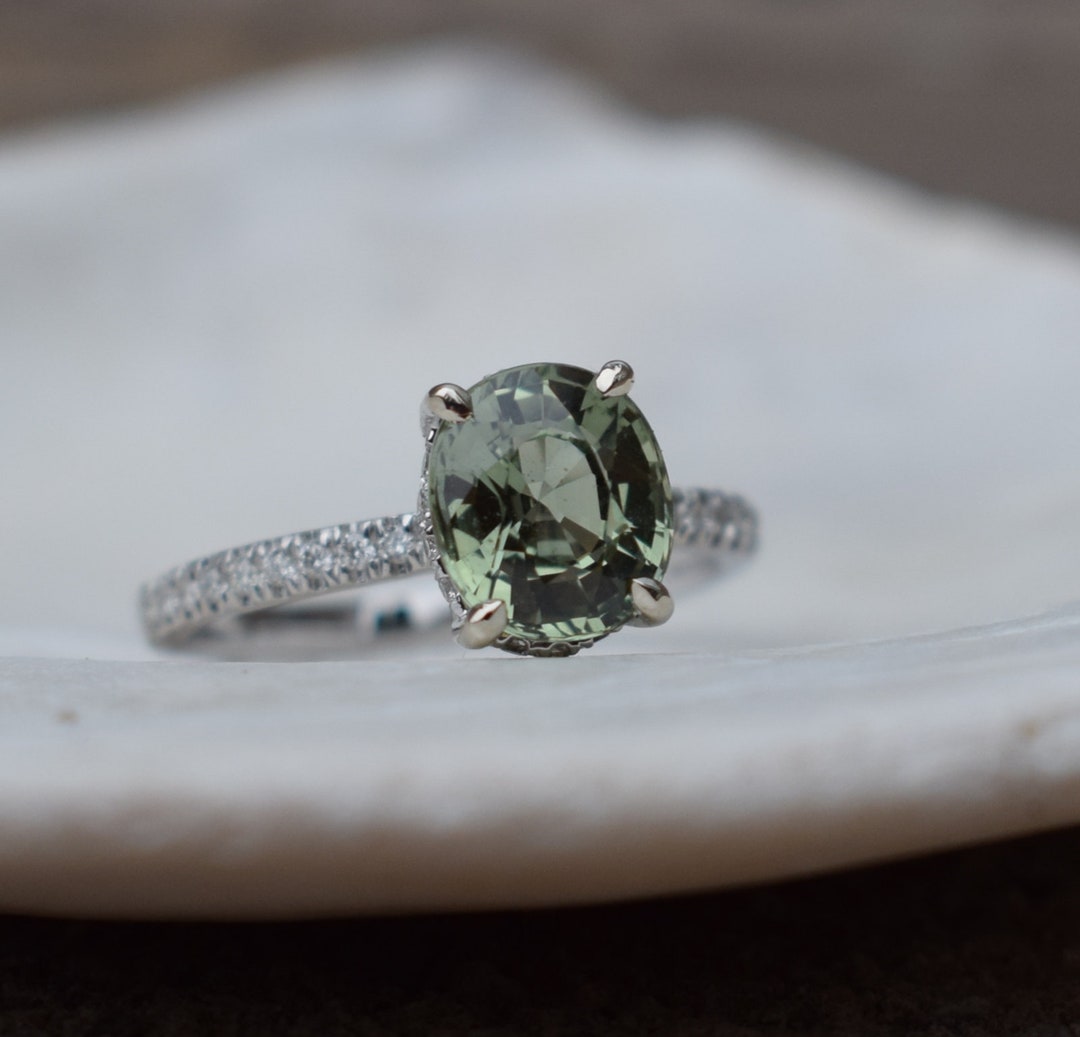 Sage Green Sapphire Engagement Ring: Oval Solitaire, Diamond Band, 14k ...