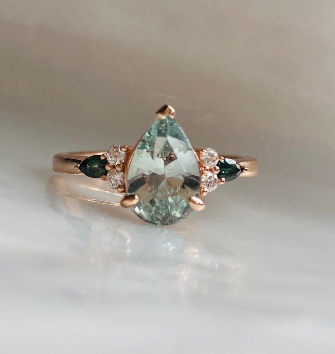 Mint Sapphire Pear Cut Engagement Ring: Rose Gold Diamond Ring - Etsy