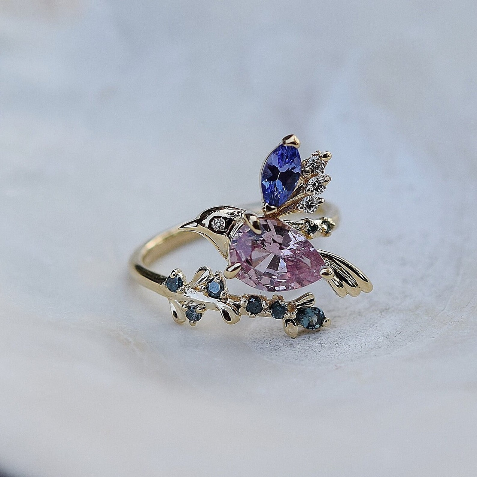 Hummingbird Sapphire Engagement Ring: 14k Gold Bird Lover Gift - Etsy