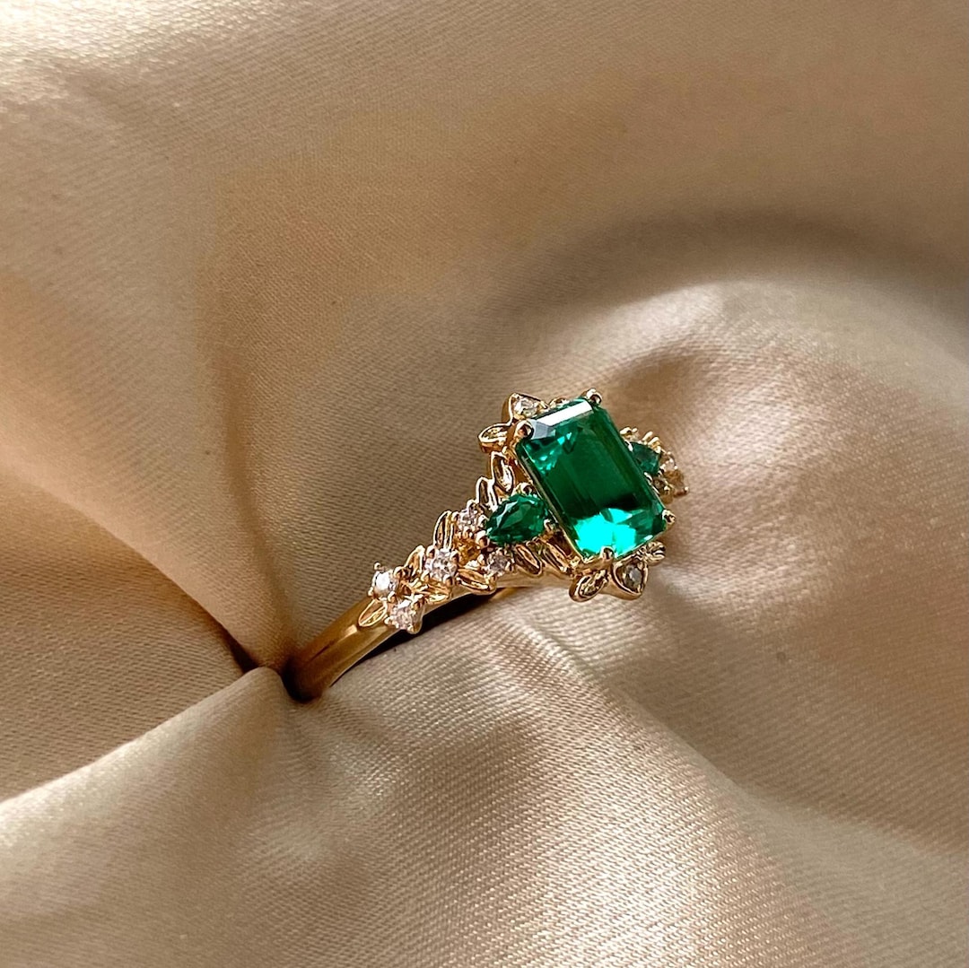 Arwen Emerald Engagement Ring: 14k Yellow Gold Moissanite Fairycore ...