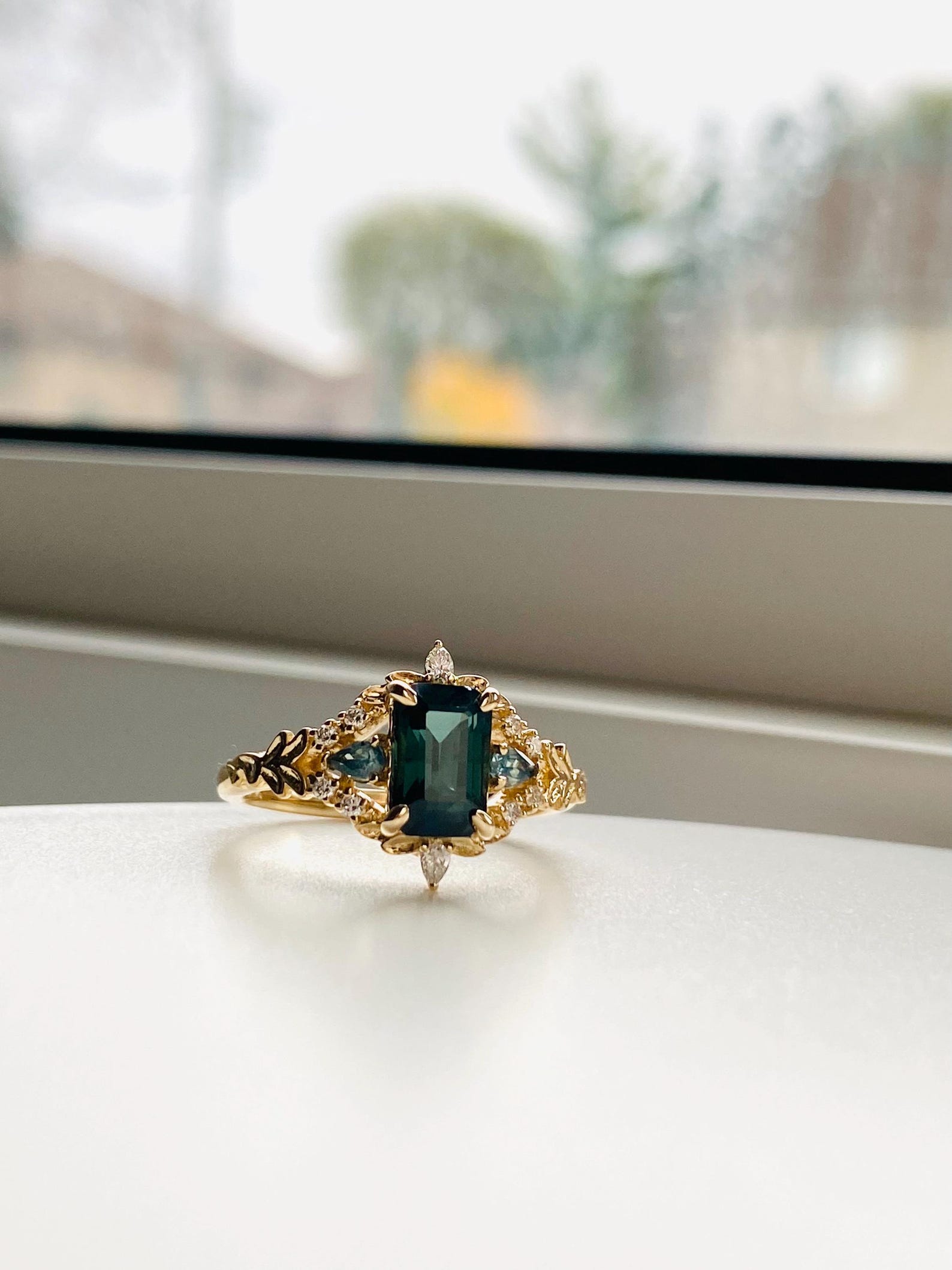 Arwen Emerald Cut Teal Sapphire Engagement Ring: 14k Rose Gold Diamond ...