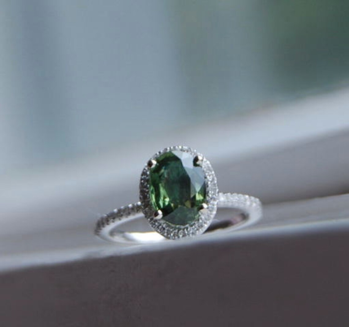 Forest Green Sapphire Engagement Ring. Diamond Ring 14k White | Etsy