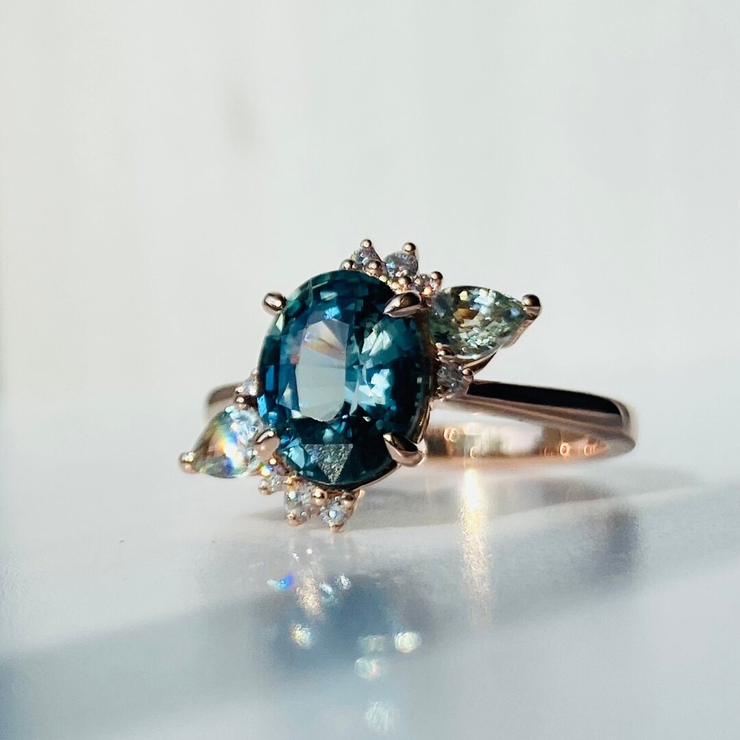 Mint Blue Green Sapphire Ring. Unique Floral Summer Jewellery 2024 ...