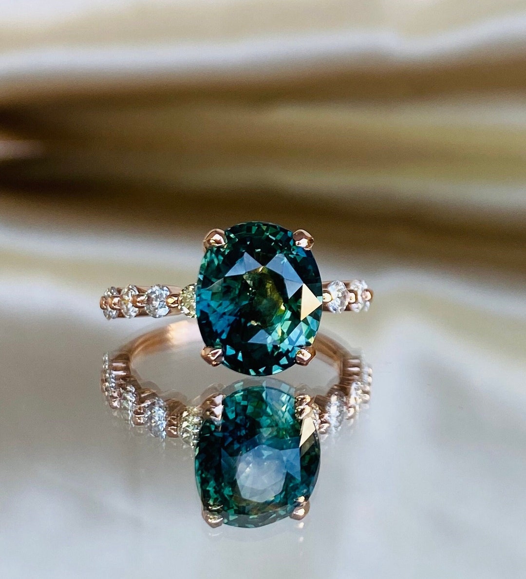 Unique Peacock Sapphire Engagement Ring. Teal Parti Sapphire Diamond ...